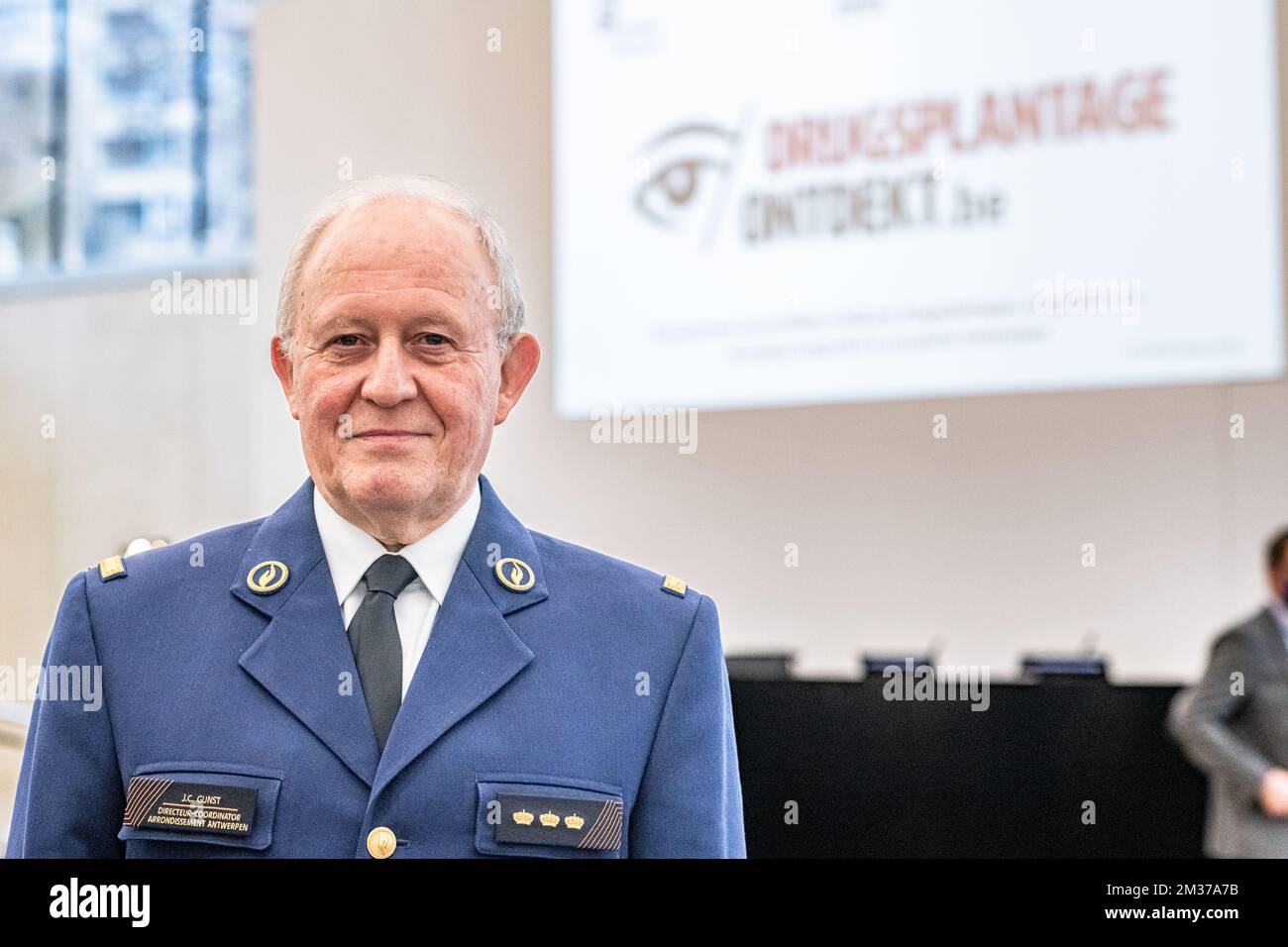 Federal Police's Jean-Claude Gunst poses for the photographer after a press conference to ...