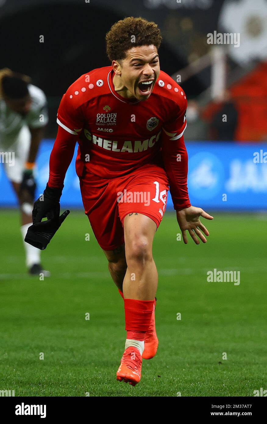 Antwerp's Manuel Benson celebrates after scoring during a soccer match ...