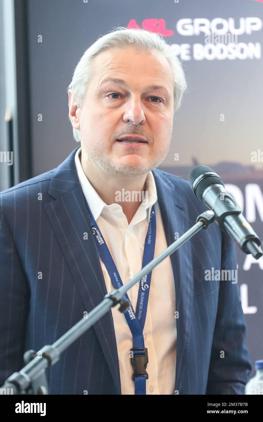 Liege airport CEO Laurent Jossart delivers a speech at the opening of a ...