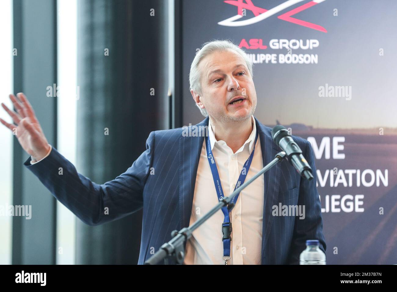 Liege airport CEO Laurent Jossart delivers a speech at the opening of a ...