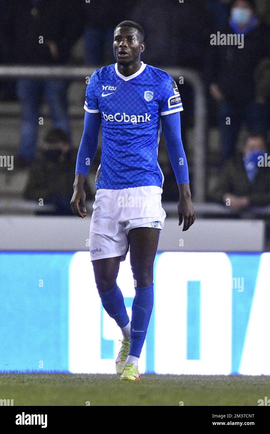 Genk's Paul Onuachu scoring the 1-0 goal during a soccer match between ...
