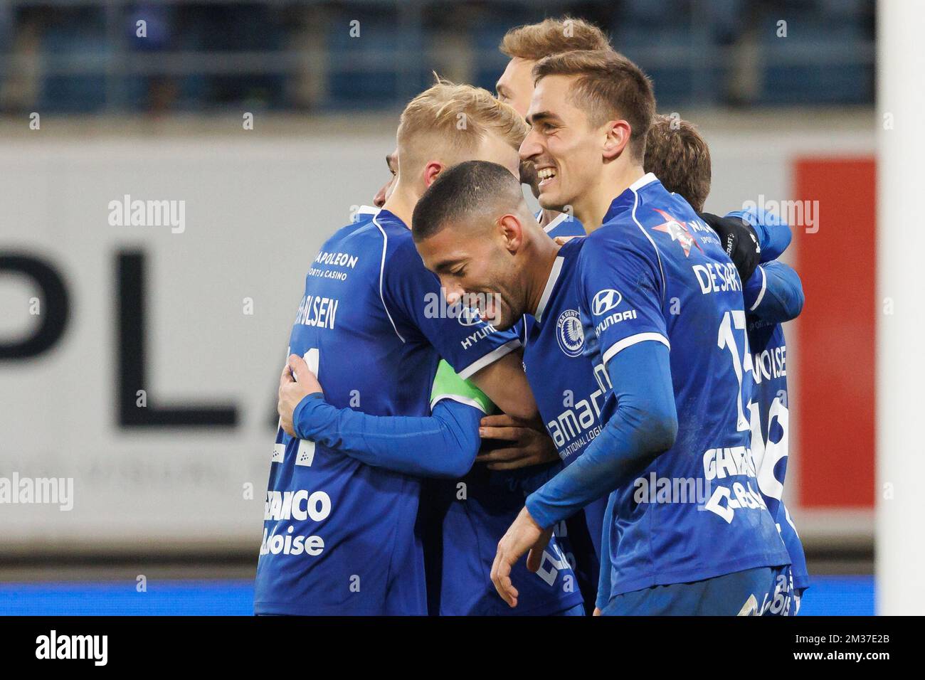 Gent's Tarik Tissoudali celebrates after scoring during a soccer game ...