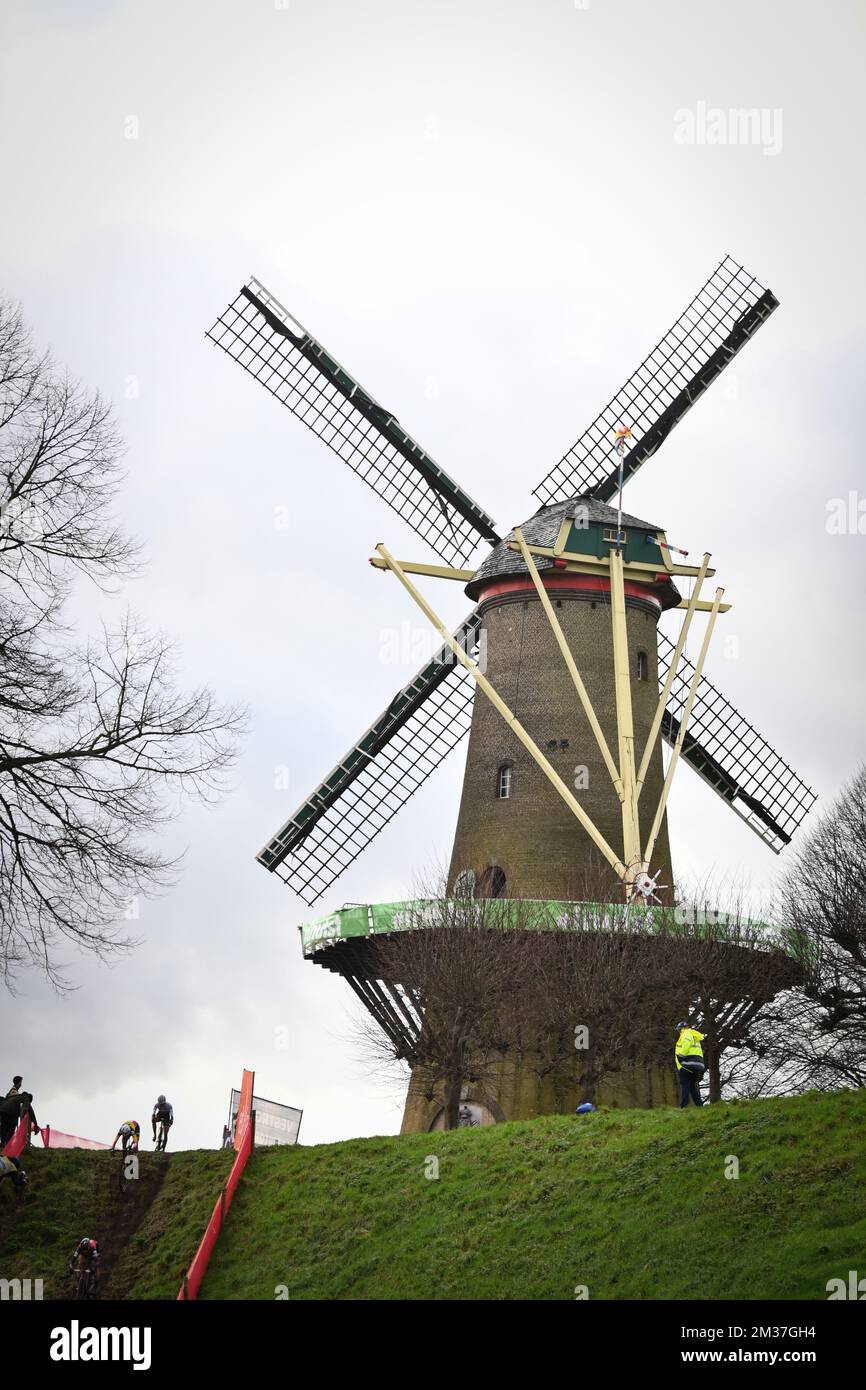 Illustration picture shows a large windmill on the track during the ...