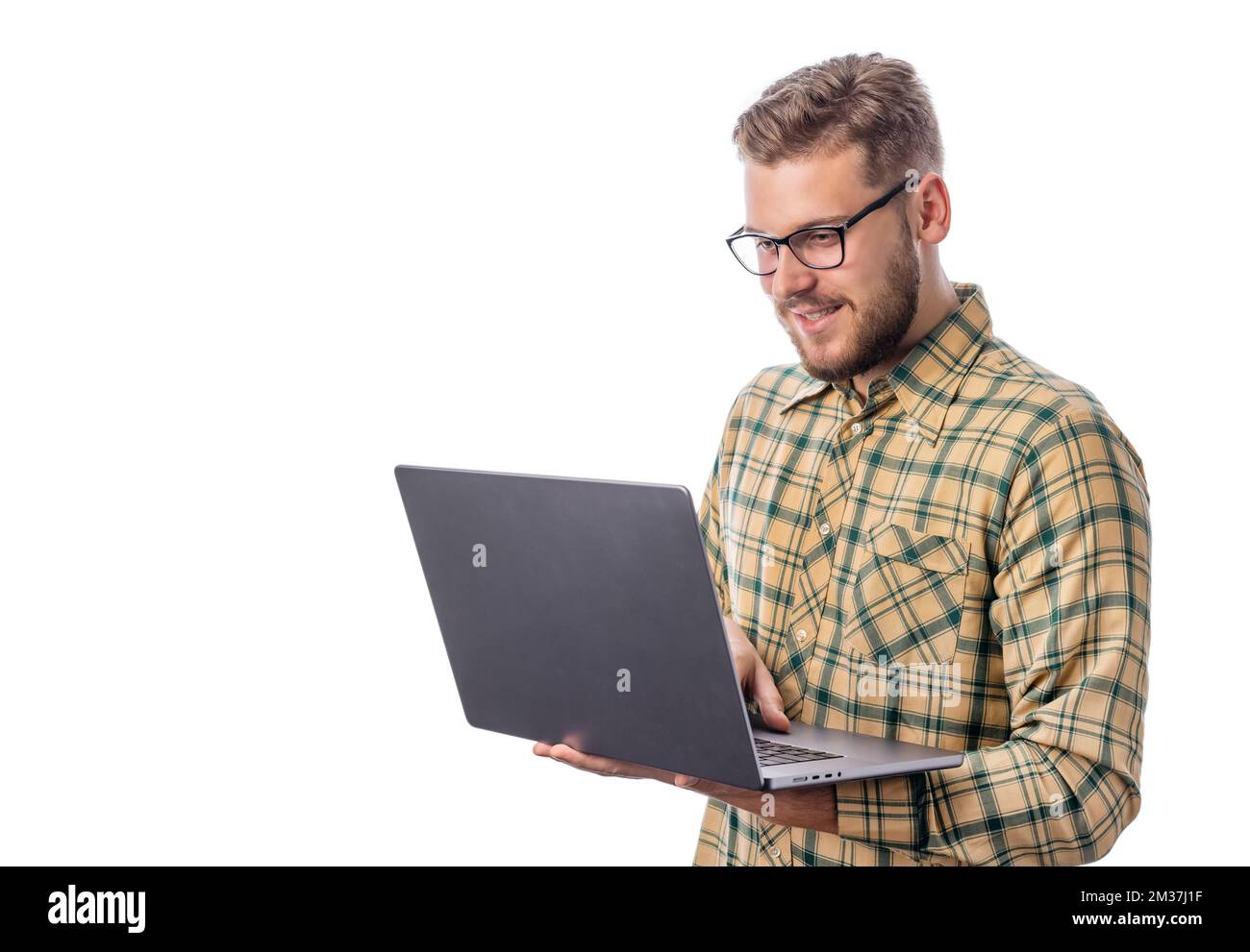 Businessman laptop looking camera Cut Out Stock Images & Pictures - Alamy