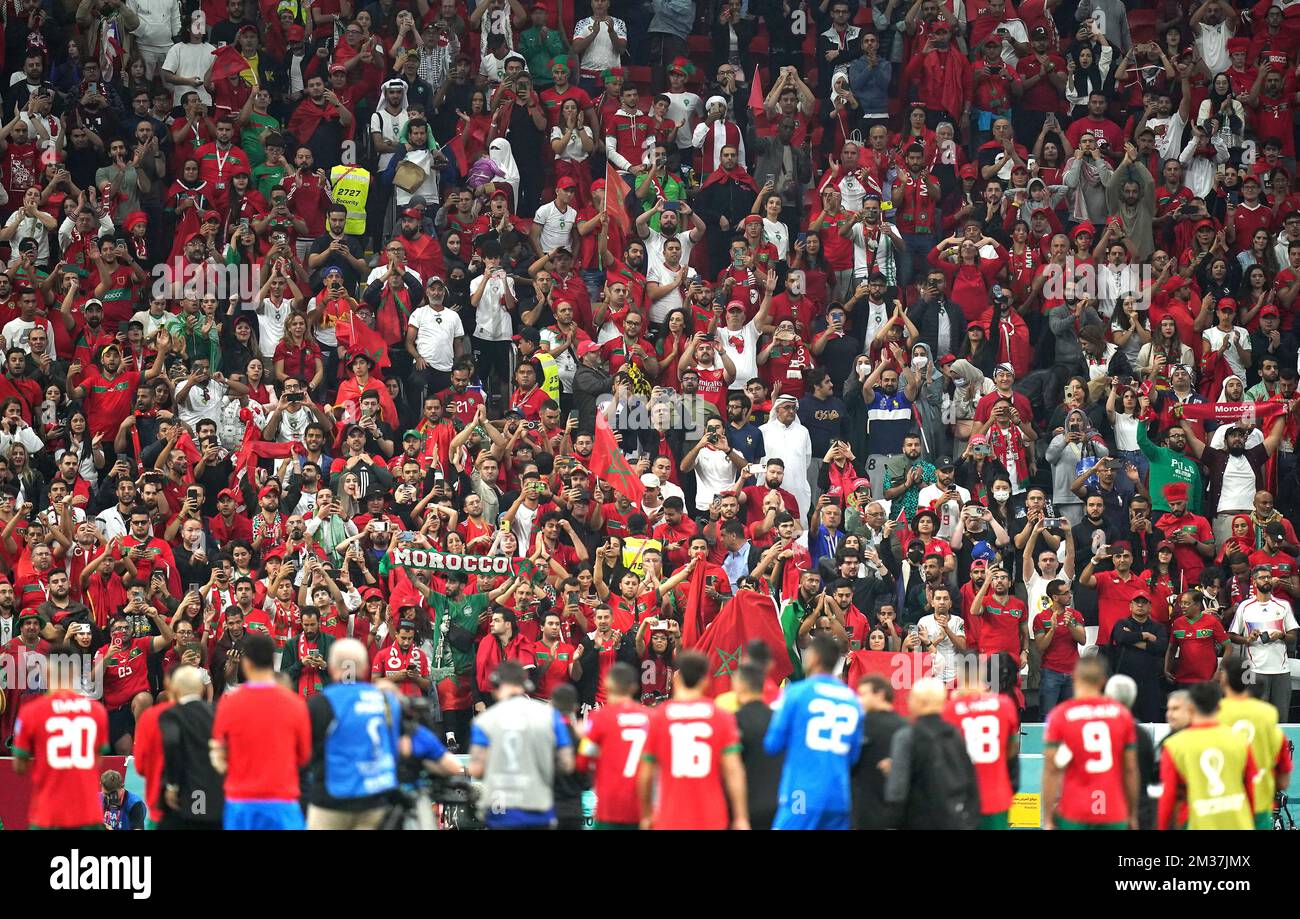 Morocco fans applaud the players following defeat after the final whistle the FIFA World Cup ...