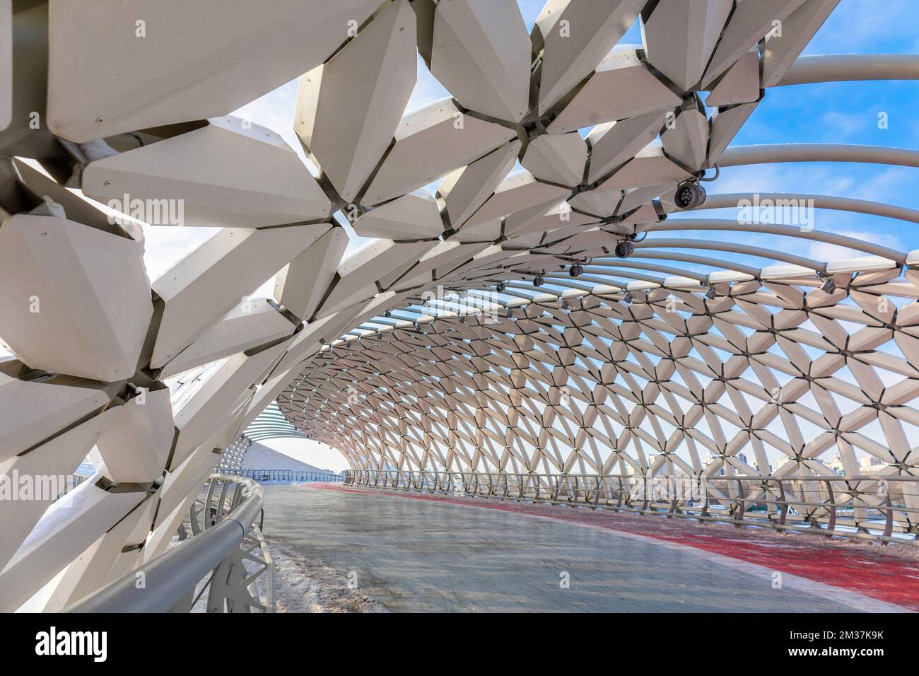Modern architectural urbanistic Atyrau fish bridge across Ishim river ...