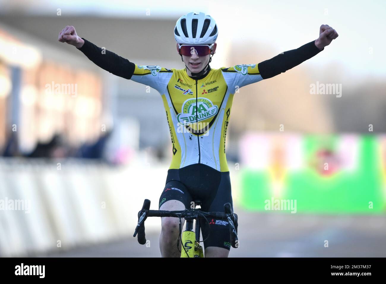 Belgian Arthur Van Den Boer celebrates as he crosses the finish line to ...