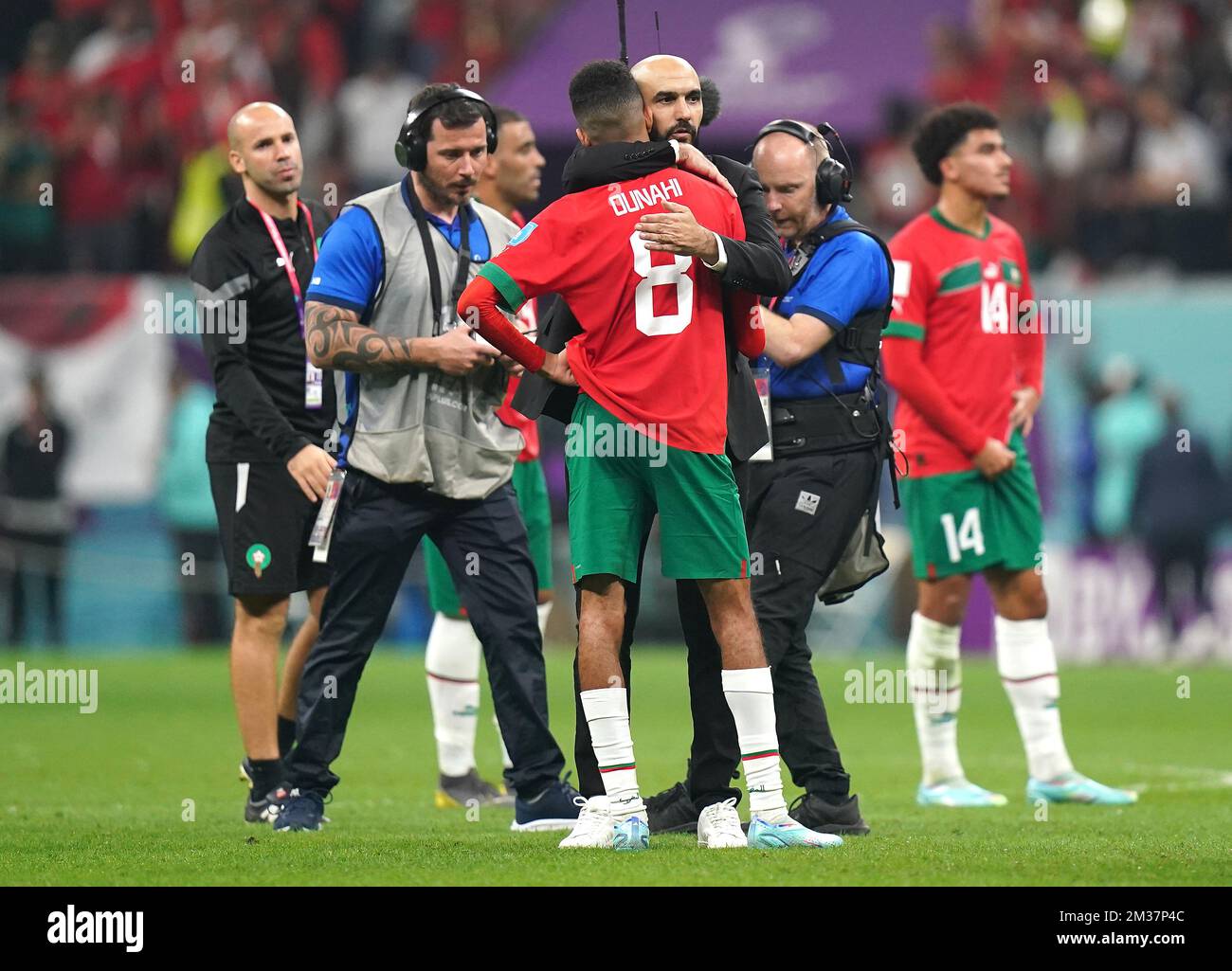 Morocco manager Walid Regragui (right) and Morocco's Azzedine Ounahi ... Morocco manager Walid Regragui (right) and Morocco's Azzedine Ounahi ...