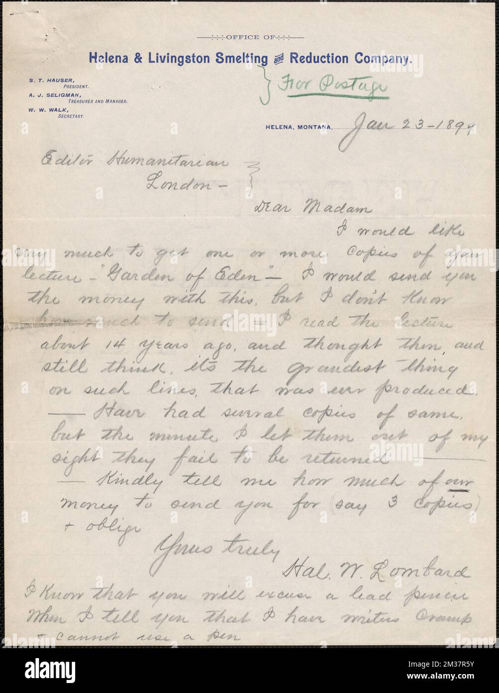 Hal. W. Lombard autograph letter signed to [Victoria Woodhull Martin ...
