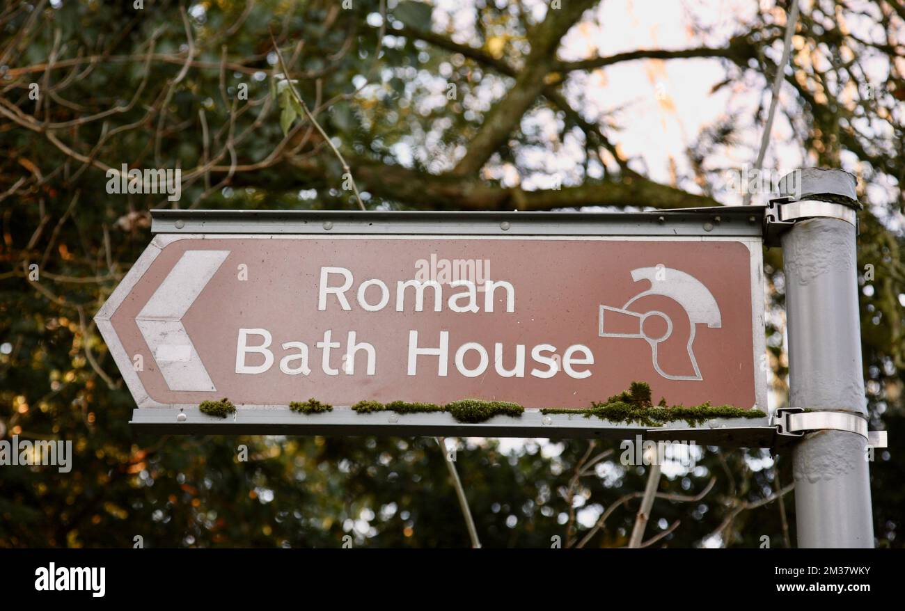 A sign for the Roman bath House, Ribchester, Preston, Lancashire ...
