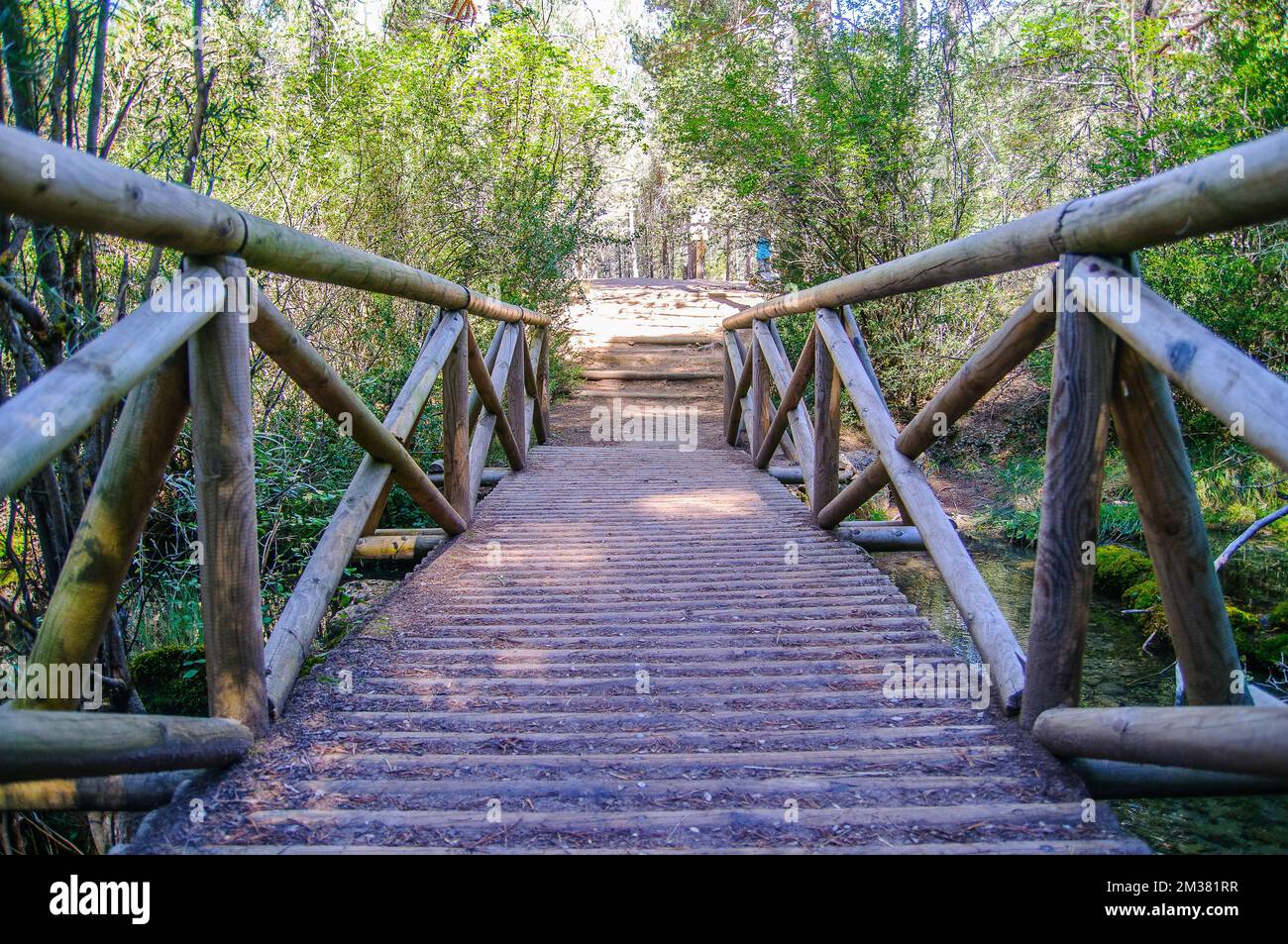 A rustic wooden bridge with railings on each side surrounded by trees ...