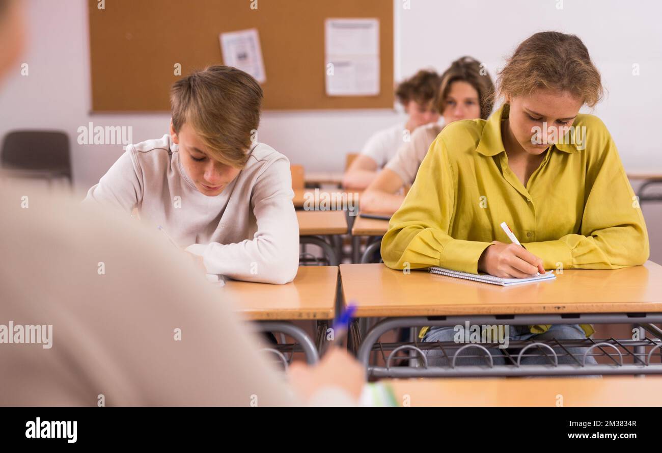 Teenagers doing tasks during lesson in school Stock Photo - Alamy