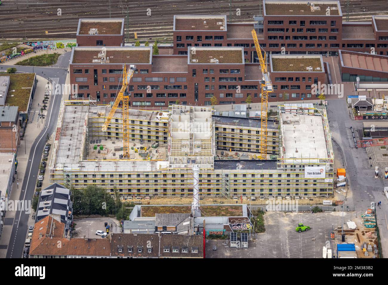 Aerial view, construction site and new building of a residential complex at the Dortmund U-Tower ...