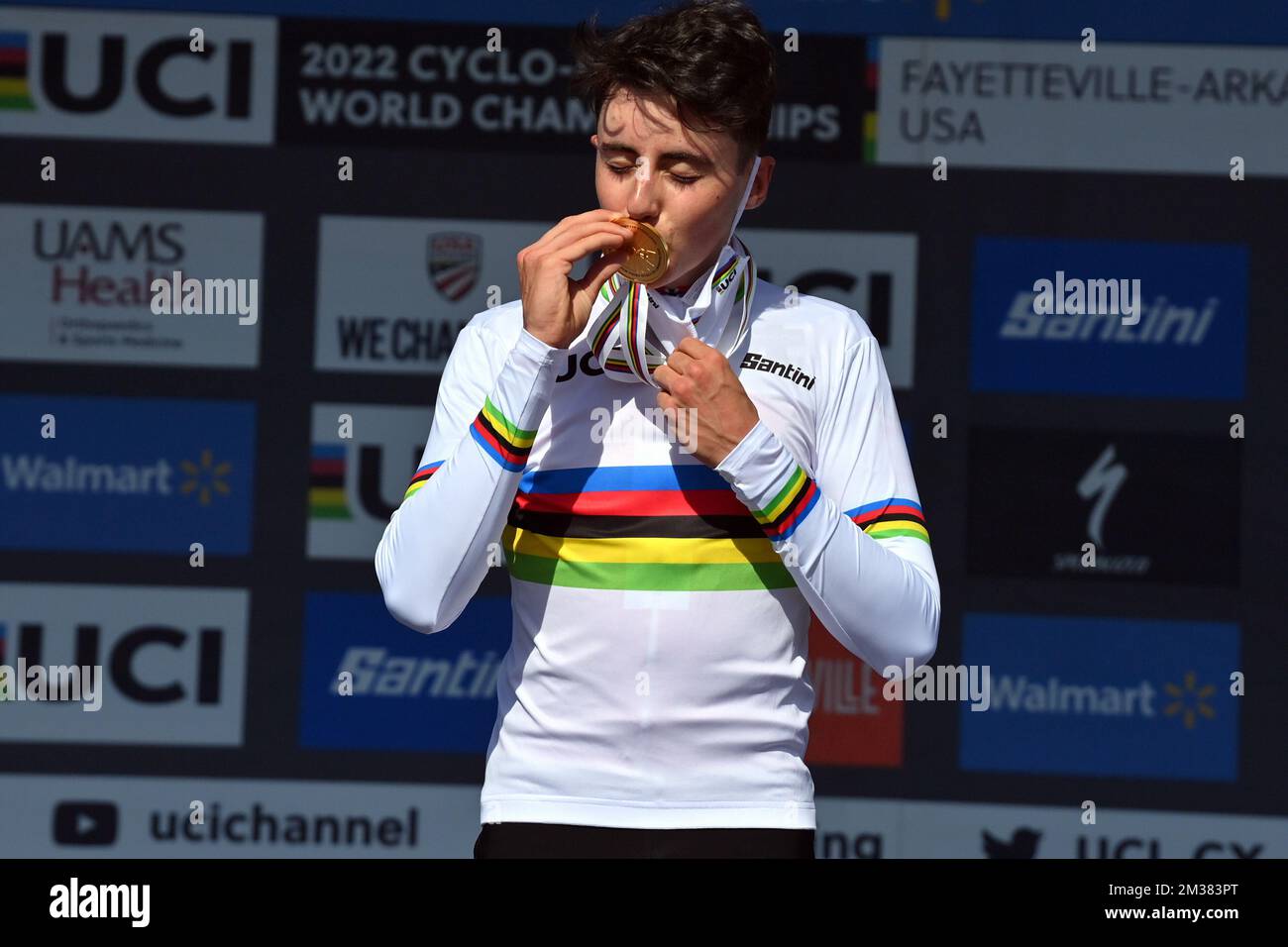 Swiss Jan Christen , winner of the gold medal celebrates on the podium ...