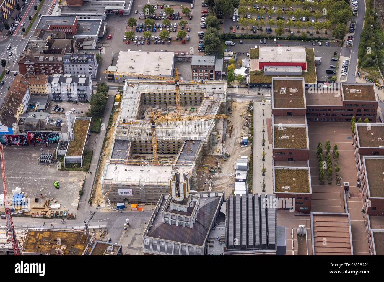 Aerial view, construction site and new building of a residential complex at the Dortmund U-Tower ...