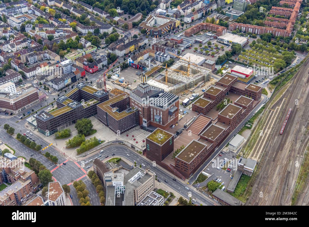 Aerial view, construction site and new building of a residential complex at the Dortmund U-Tower ...