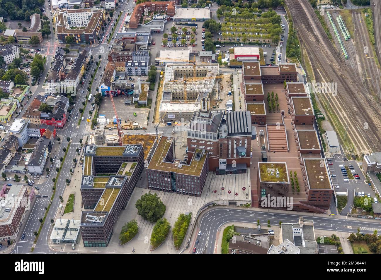 Aerial view, construction site and new building of a residential complex at the Dortmund U-Tower ...