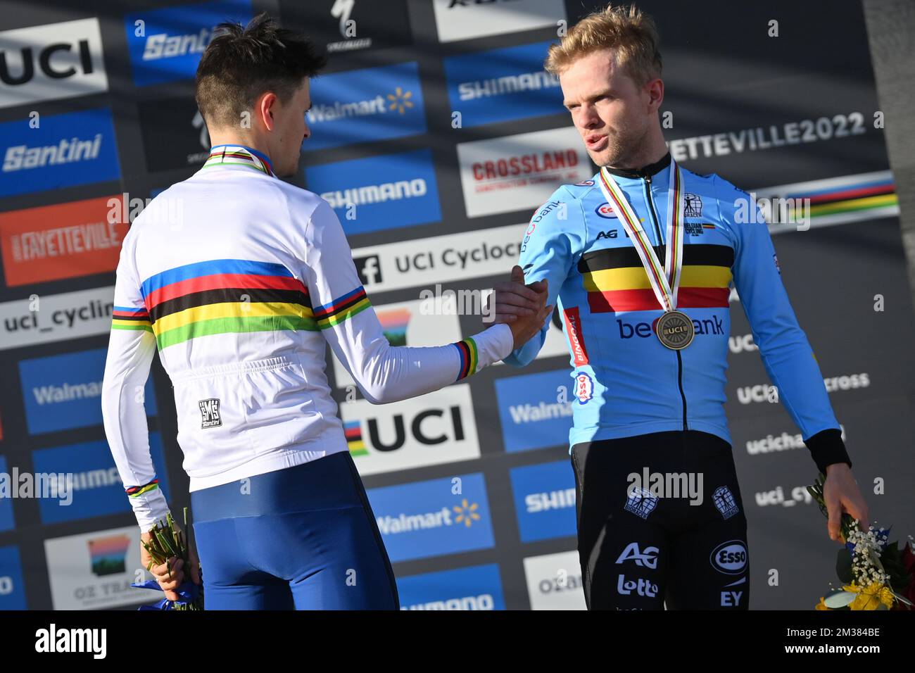 British Thomas Pidcock , winner of the gold medal and Belgian Eli ...