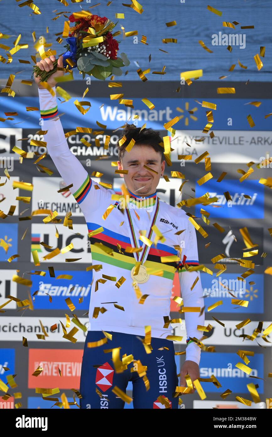 British Thomas Pidcock , winner of the gold medal celebrates on the ...