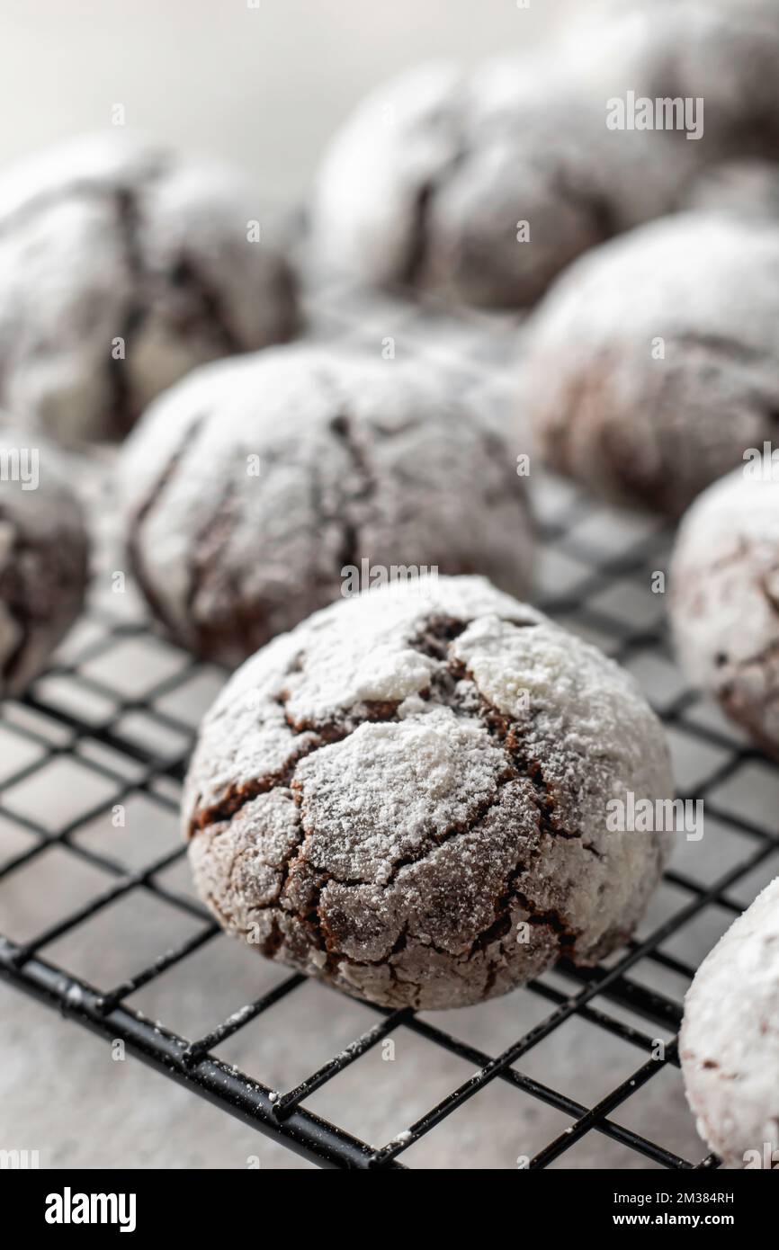 Chocolate chip cookies with cracks close up. Metallic rack with fresh ...