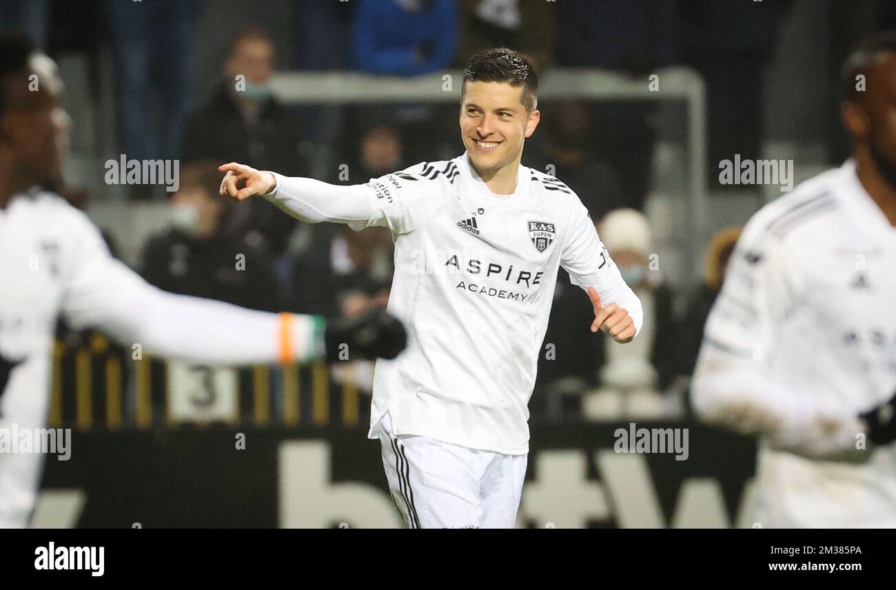 Eupen's Stef Peeters celebrates after scoring during a soccer game ...