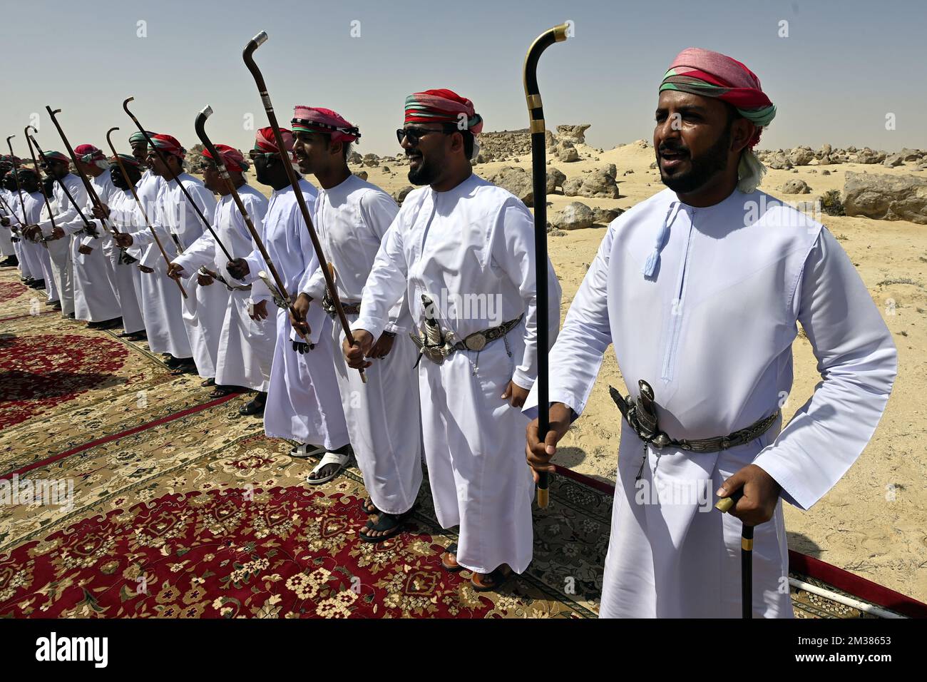 Illustration picture shows dancers pictured during a traditional Omani Lunch at 'Rock Garden' in ...
