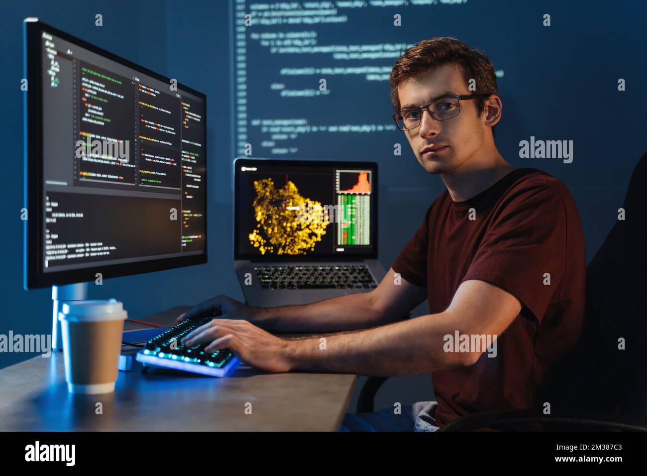 Portrait Of Intelligent Male Programmer Working On Pc Writing Brand New