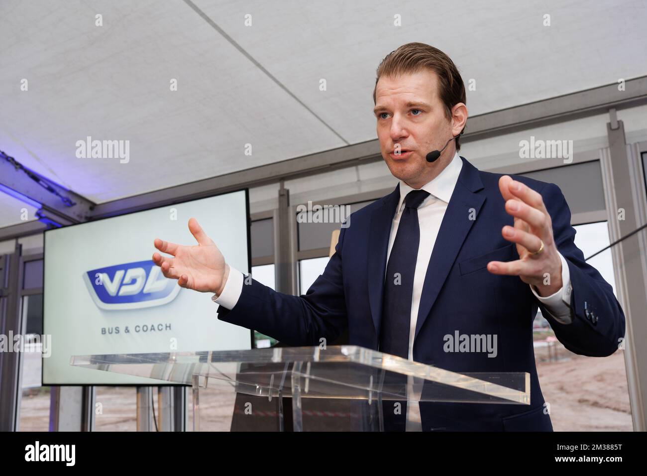 VDL's CEO Willem van der Leegte delivers a speech at a first stone ...