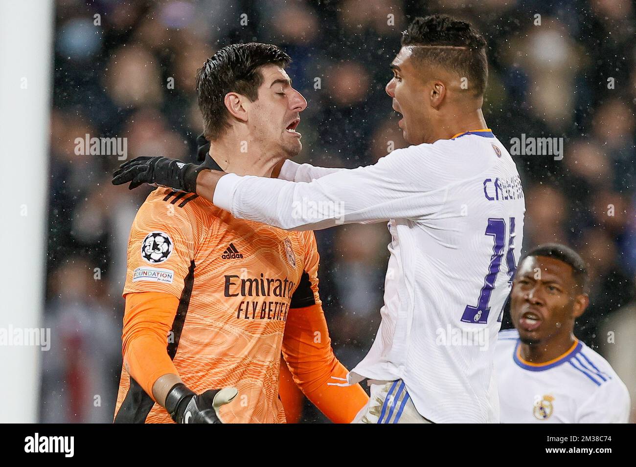 Real's goalkeeper Thibaut Courtois reacts during a soccer game between ...