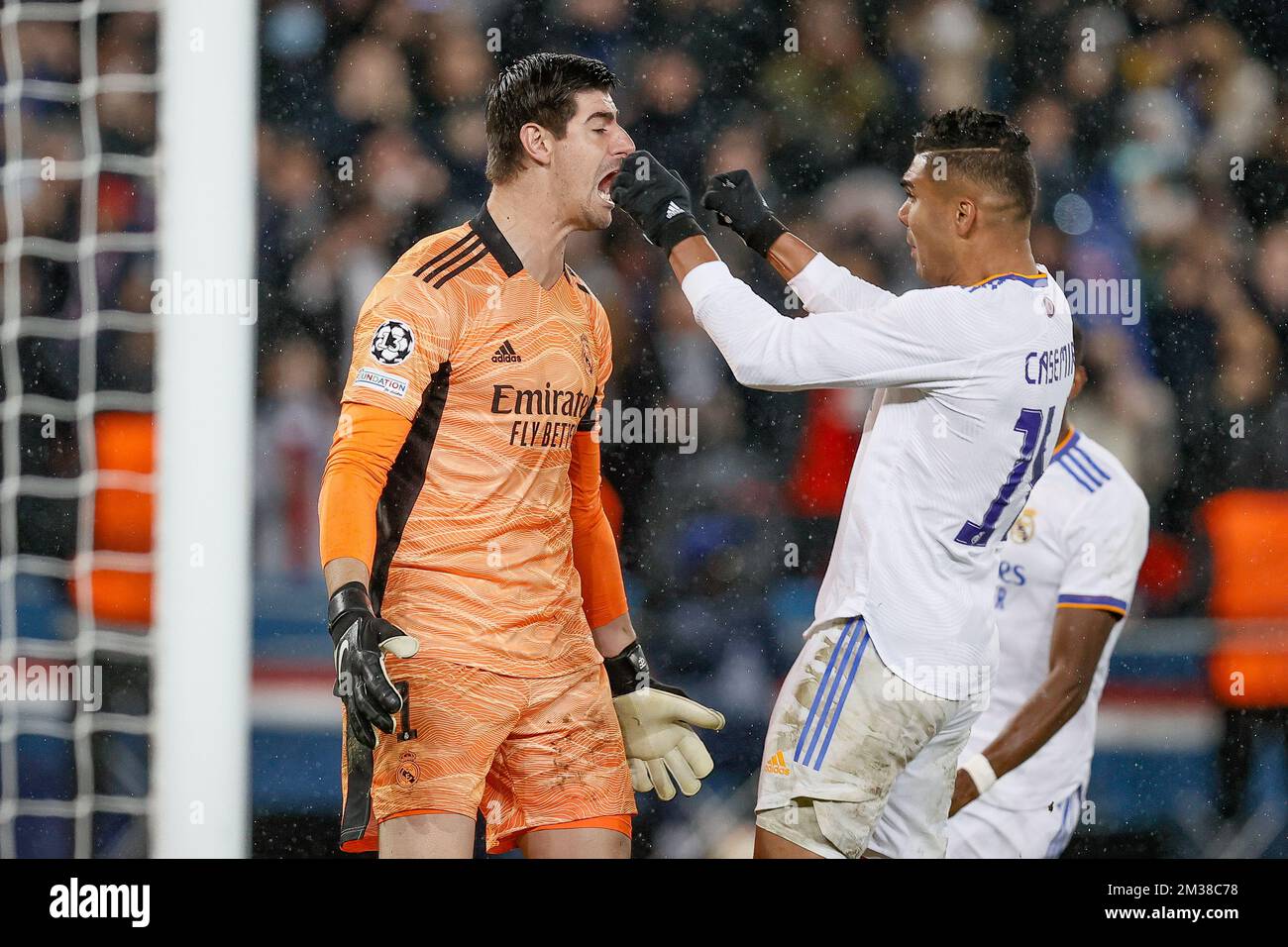 Real's goalkeeper Thibaut Courtois reacts during a soccer game between ...