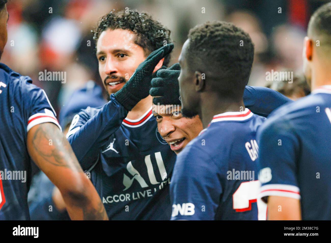 PSG's Kylian Mbappe celebrates after scoring during a soccer game ...