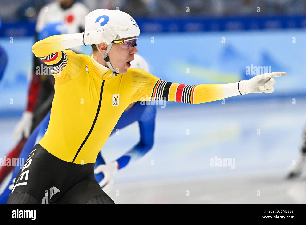 Belgian speed skater Bart Swings celebrates as he crosses the finish ...