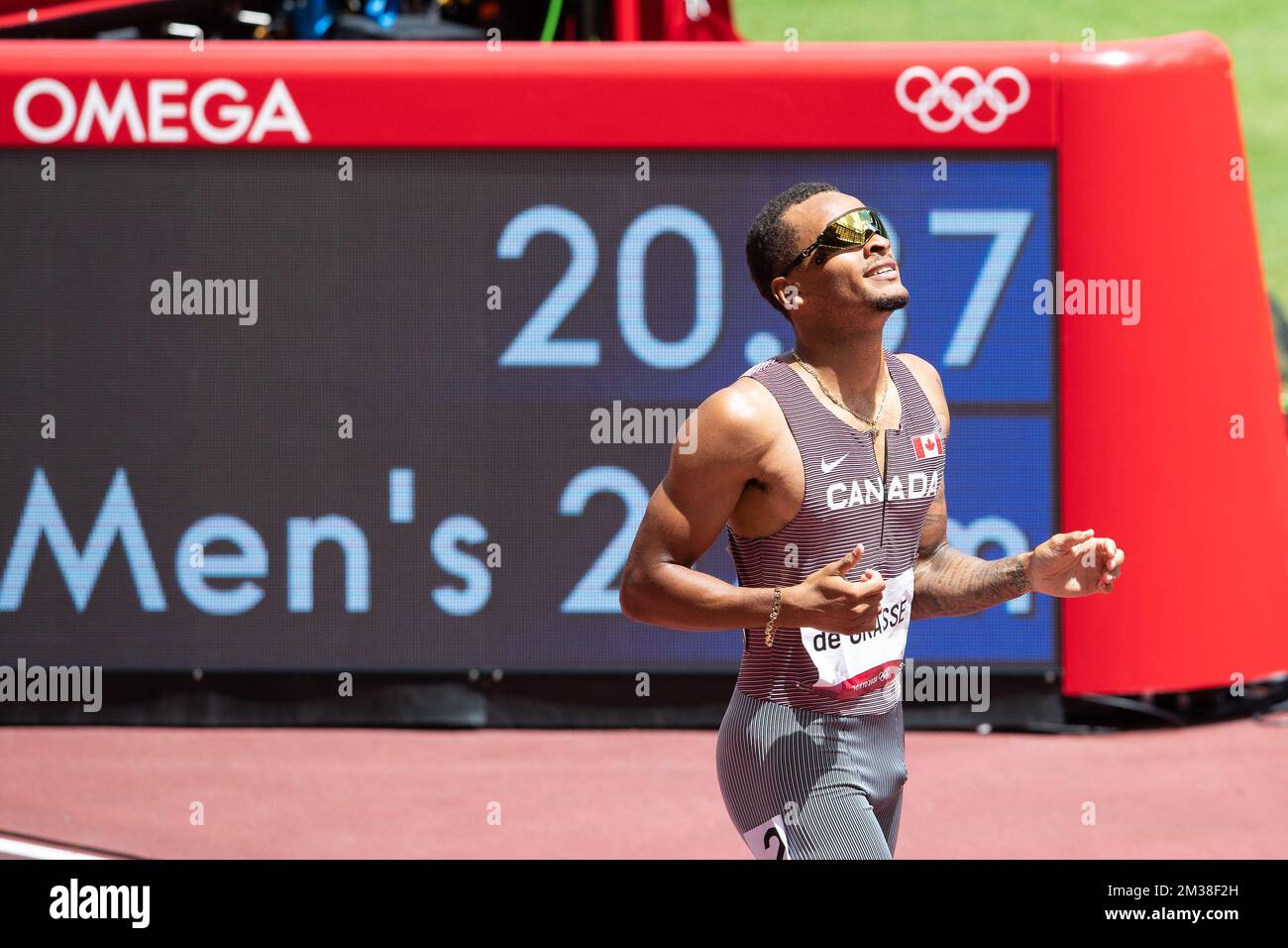 August 03, 2021: Andre De Grasse, of Canada finishes first in the MenÕs ...