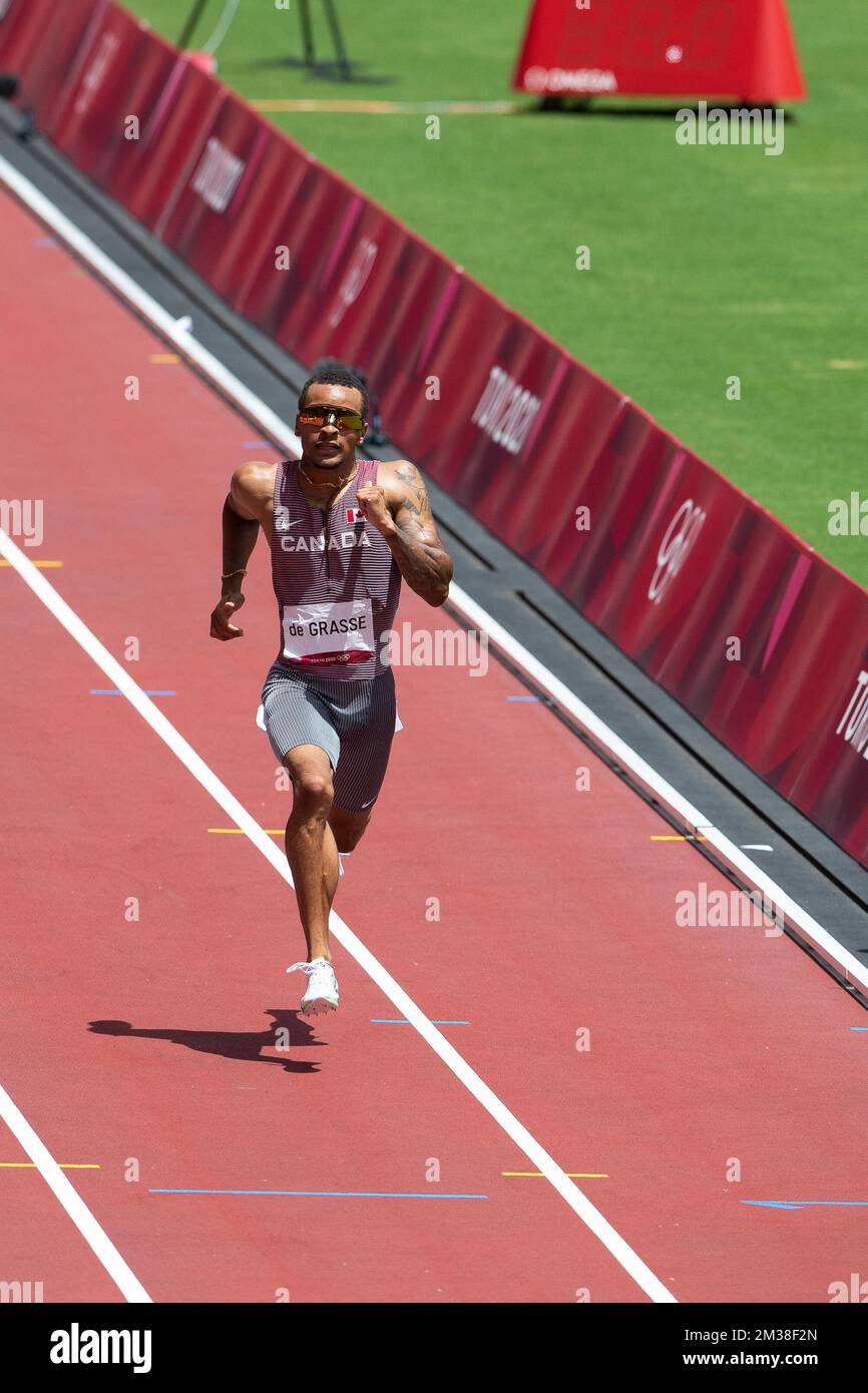 August 03, 2021: Andre De Grasse, of Canada finishes first in the MenÕs ...