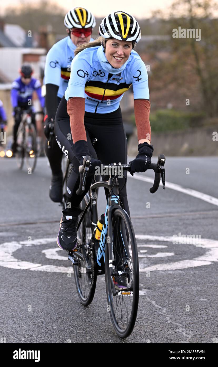 Minister of Interior Annelies Verlinden pictured in action when cycling ...