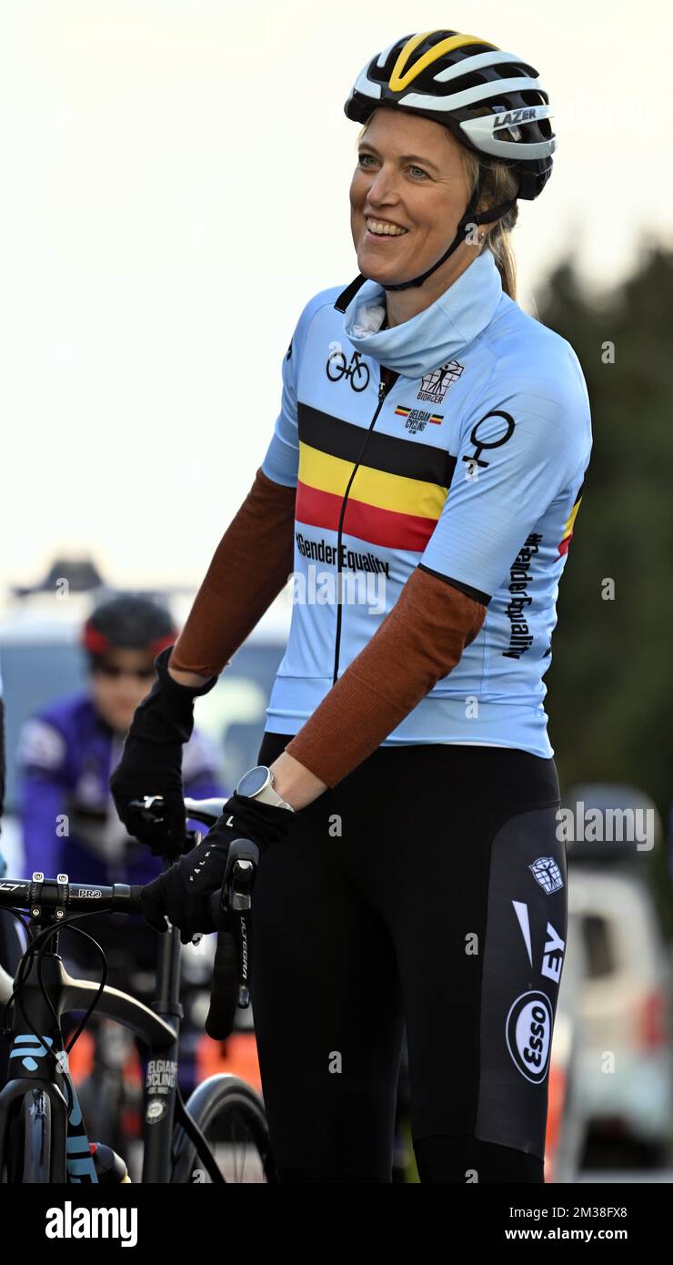 Minister of Interior Annelies Verlinden pictured in action when cycling ...