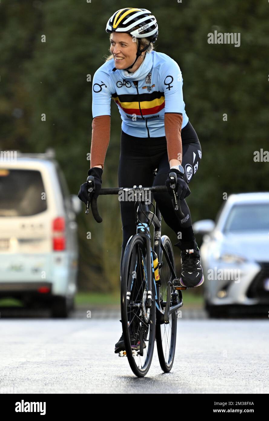 Minister of Interior Annelies Verlinden pictured in action when cycling ...