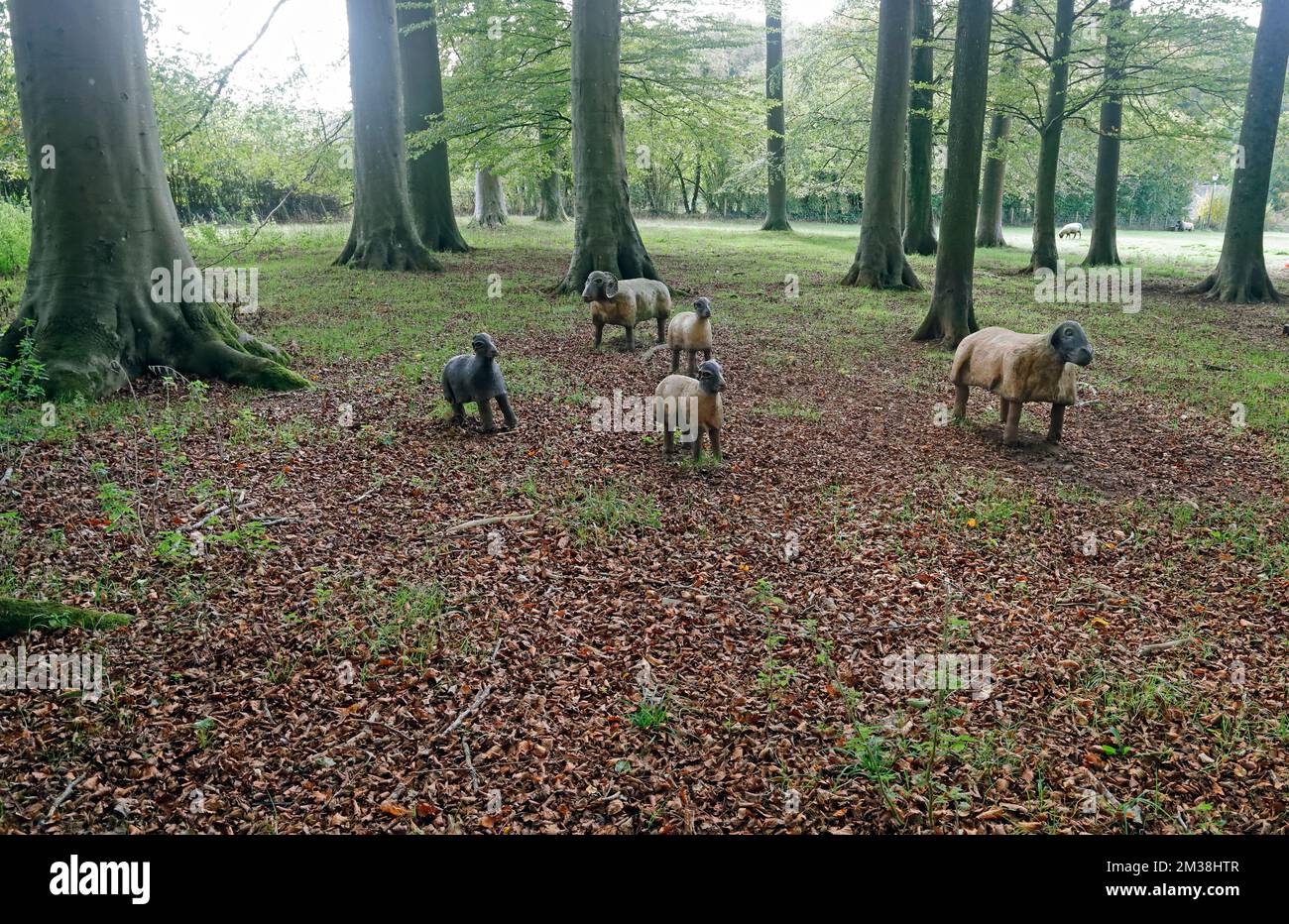 Fake sheep in a small woodland part of a pasture - sculptures in a ...