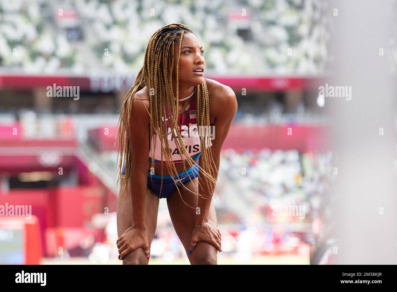 August 03, 2021: Tara Davis of United States reacts after a jump while ...