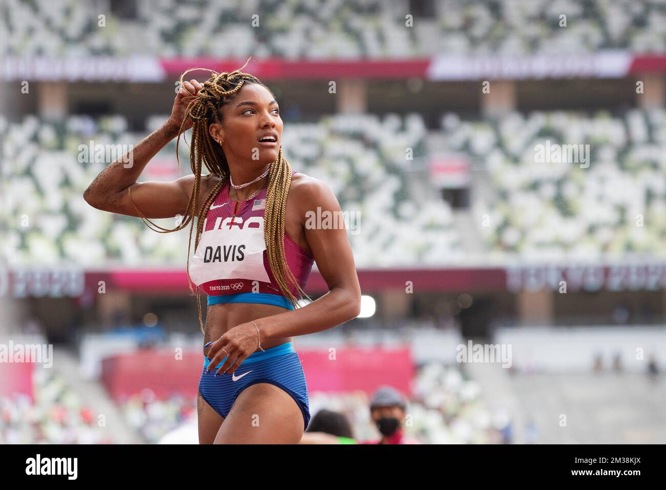 August 03, 2021: Tara Davis of United States reacts after a jump while ...