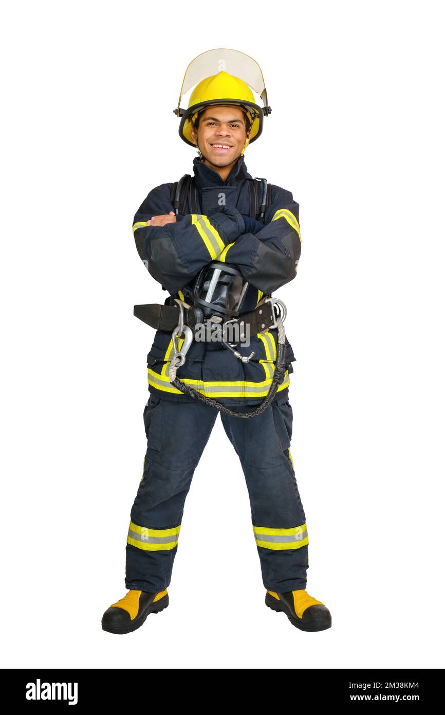 Fireman smiling and looks at the camera isolated on white Stock Photo ...