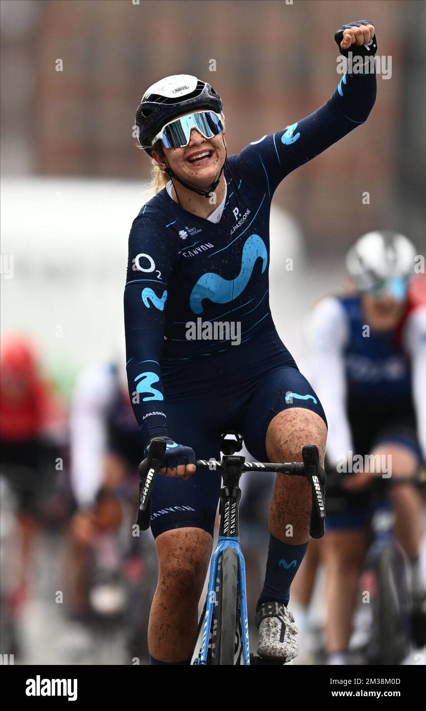 Danish Emma Norsgaard of Movistar Team celebrates after winning the ...