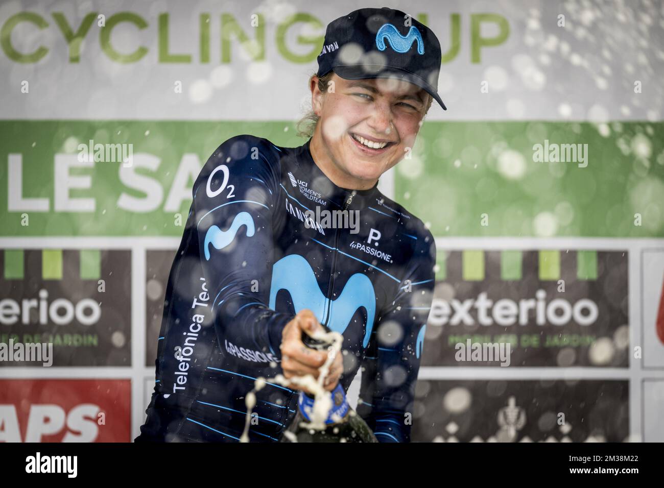 Danish Emma Norsgaard of Movistar Team celebrates on the podium after ...