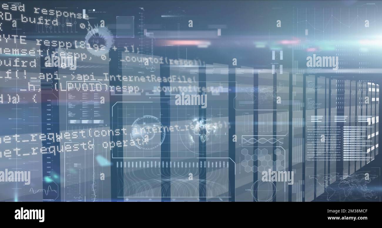 Image of data processing and shapes over server room. Global business ...