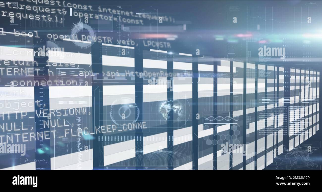 Image of data processing and shapes over server room. Global business ...