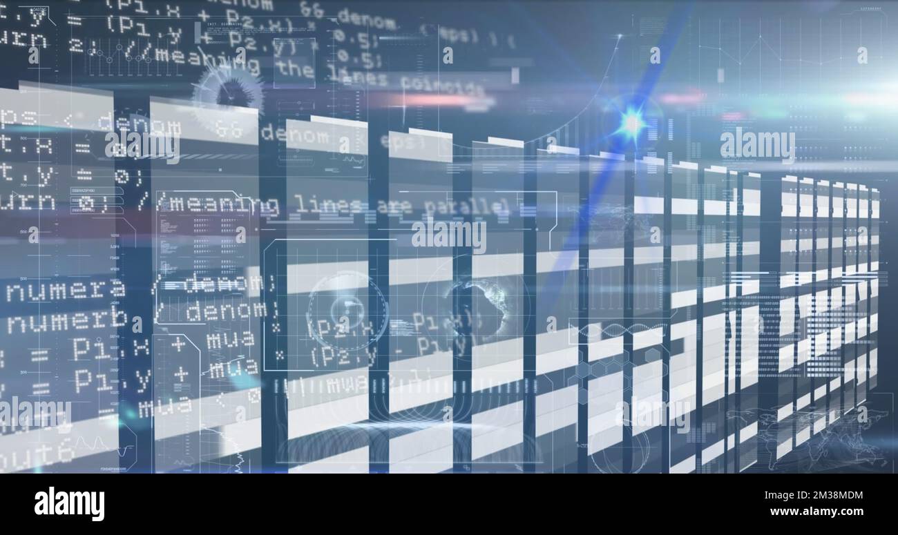 Image of data processing and shapes over server room. Global business ...