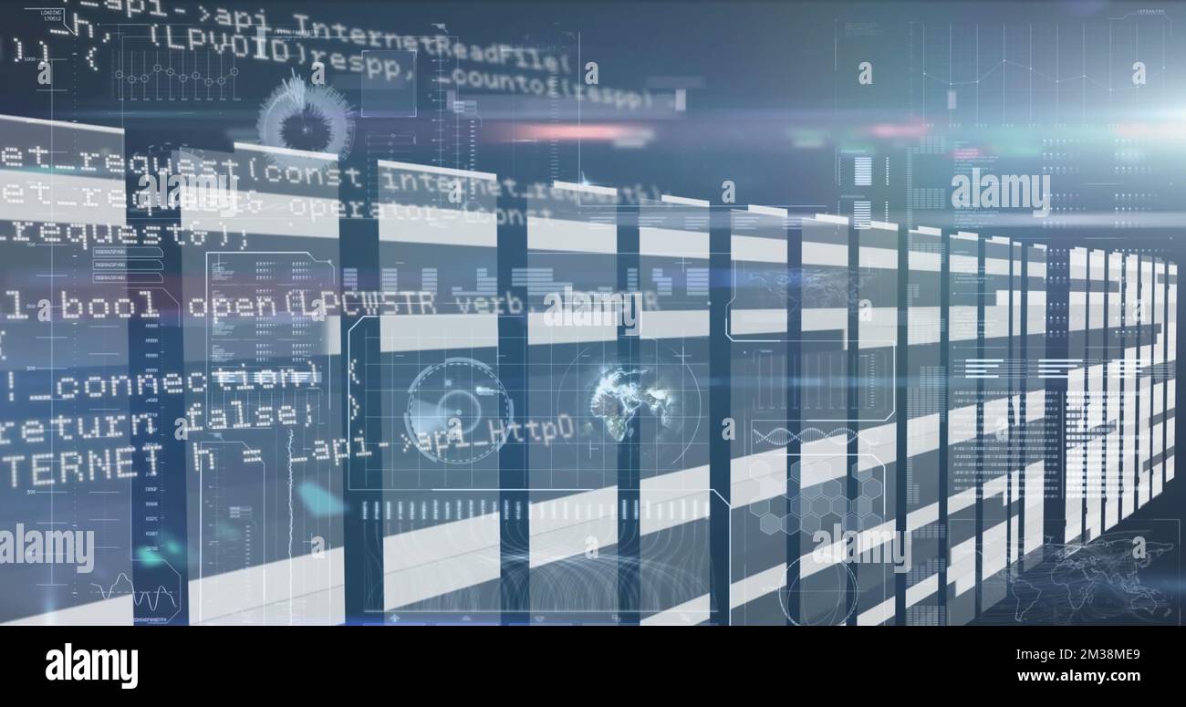 Image of data processing and shapes over server room. Global business ...