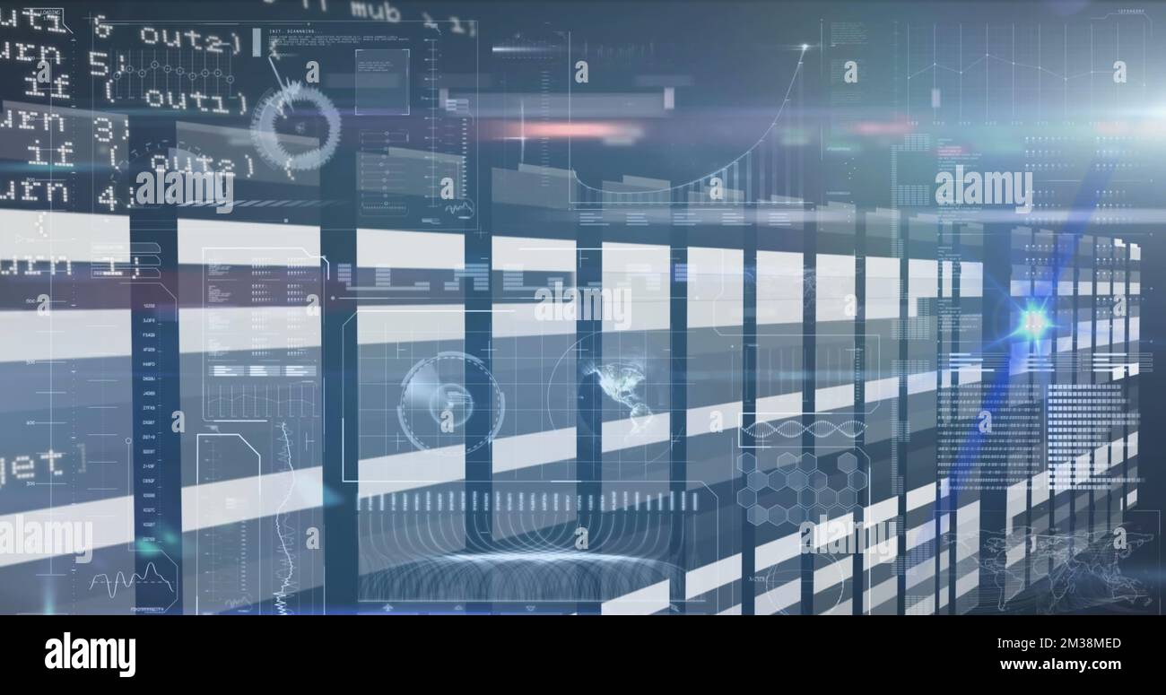 Image of data processing and shapes over server room. Global business ...