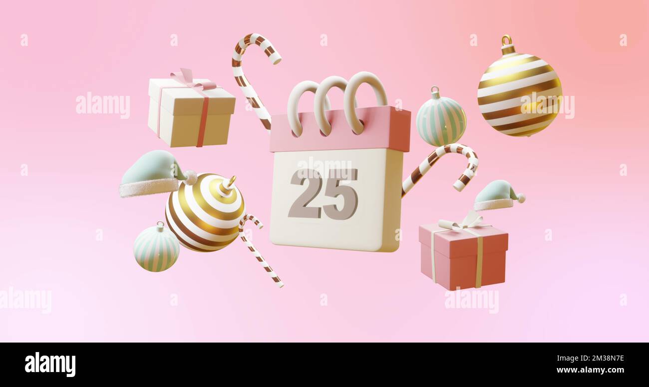 Composition of calendar with number 25 and christmas decorations on ...