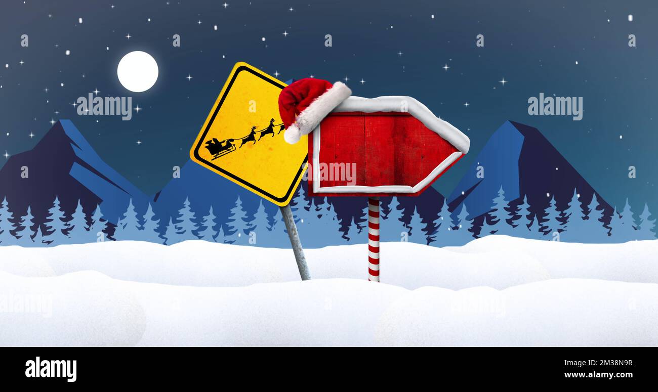 Composition of road signs over winter landscape. Christmas, tradition ...